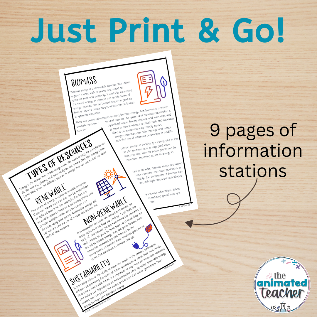 Renewable and nonrenewable activity for middle school (9 stations)